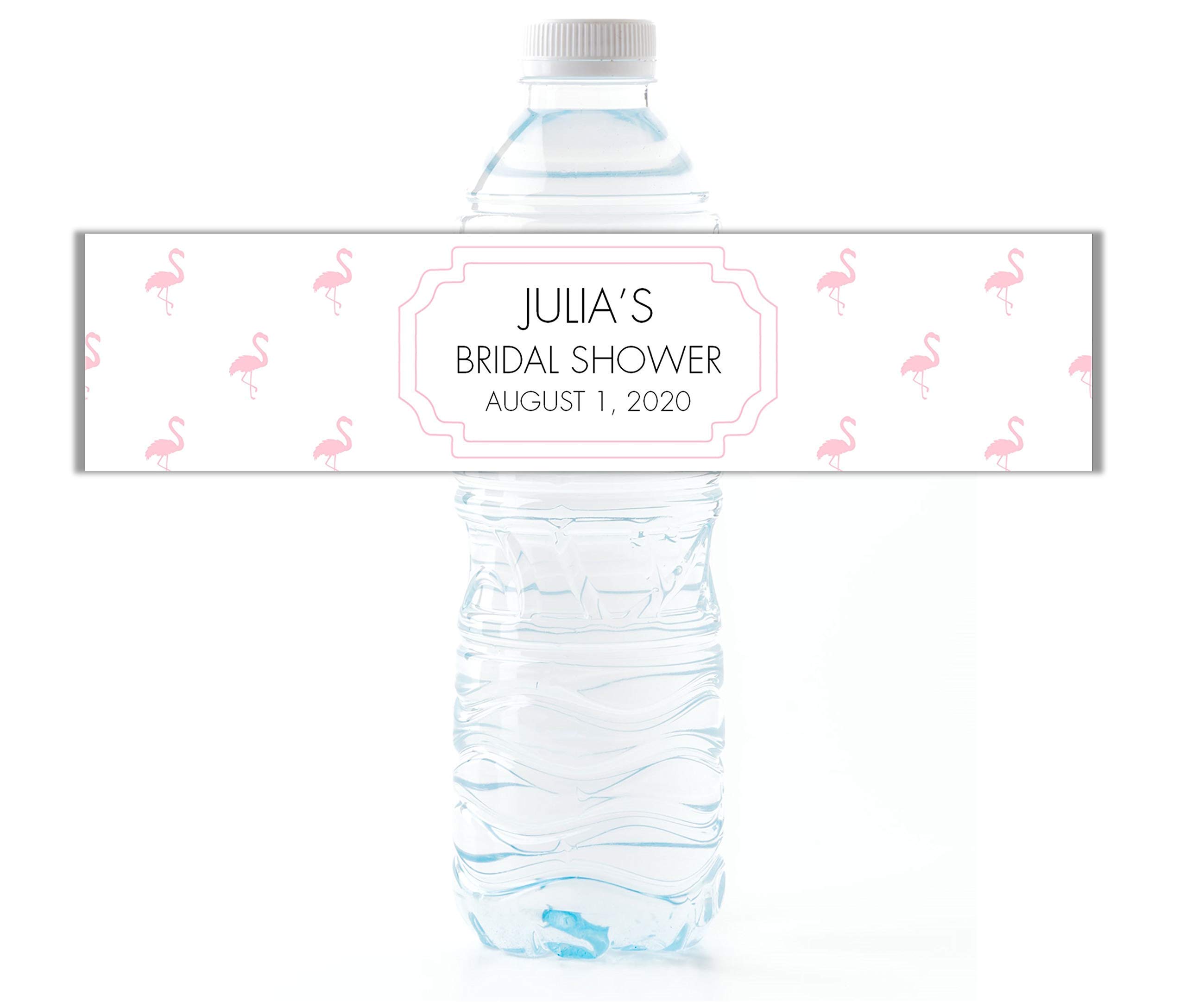Pink Flamingo Pattern Personalized Water Bottle Labels, Pack of 25 Peel and Stick Waterproof Wrappers for Birthday Party Favors