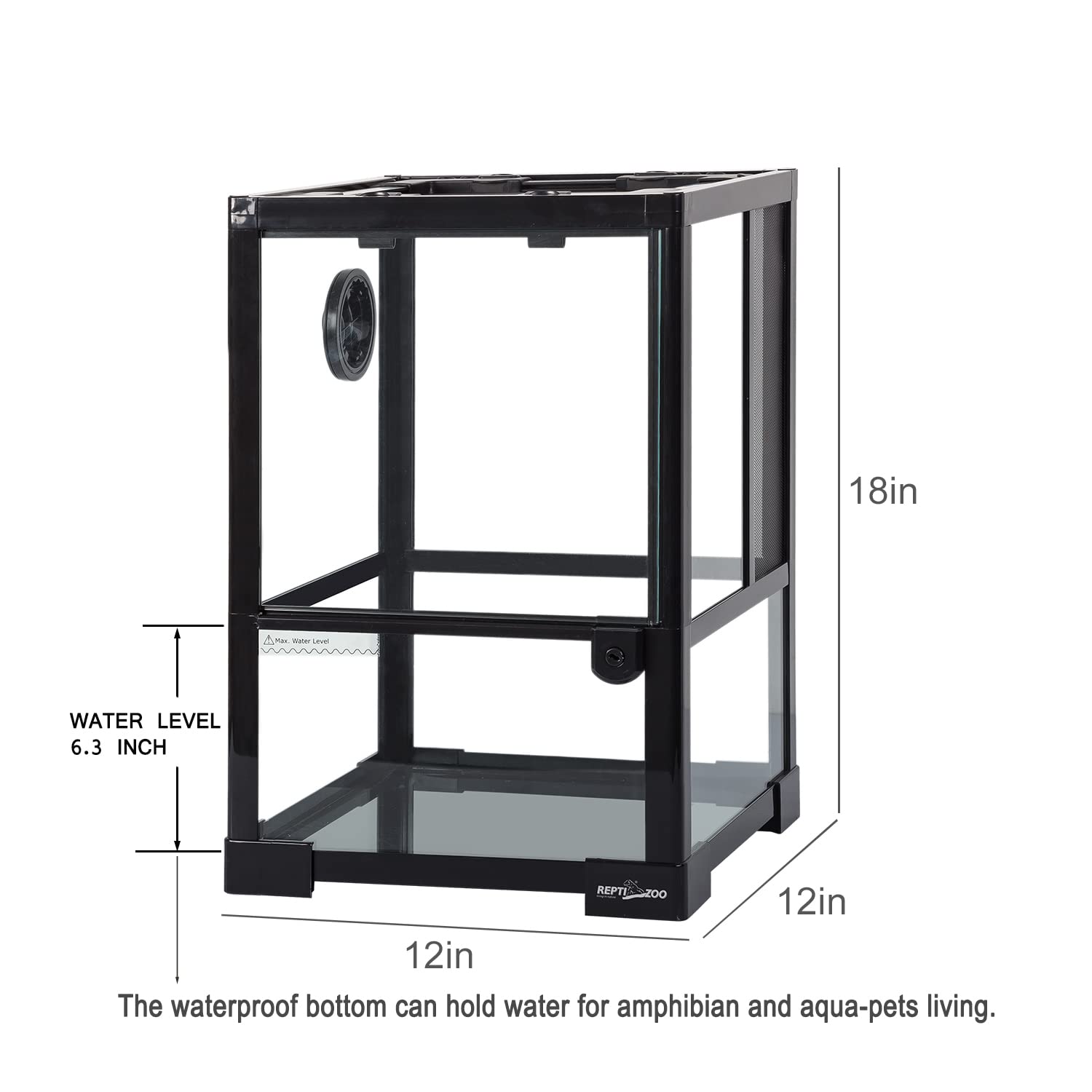 REPTI ZOO Amphibian Habitat Tank 10 Gallon, Full Vision Glass Reptile Terrarium 12" x 12" x 18", Vertical Reptile Tank with Deep Base & Top Screen Ventilation