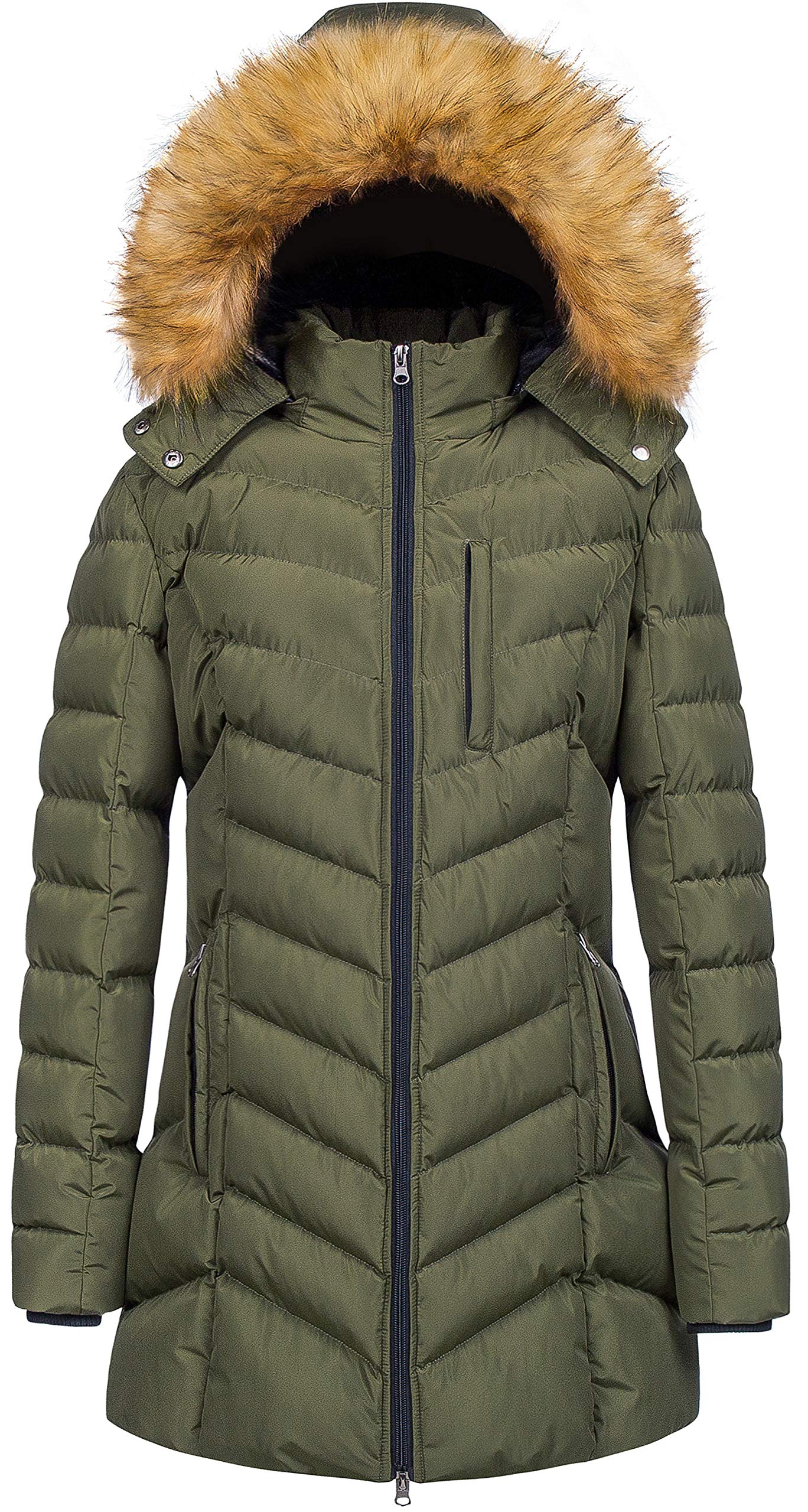 CREATMO US Women's Hooded Puffer Jacket Water-Resistant Insulated Quilted Coat Army Green XL