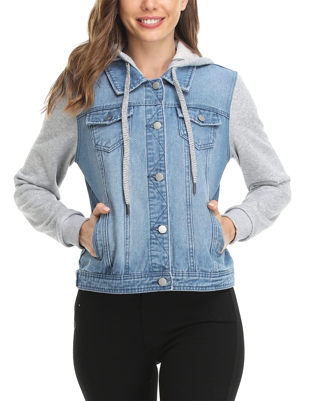 MISS MOLY Women's Casual Hoodie Denim Jacket Jean Jackets Coats W Pockets Light Blue M