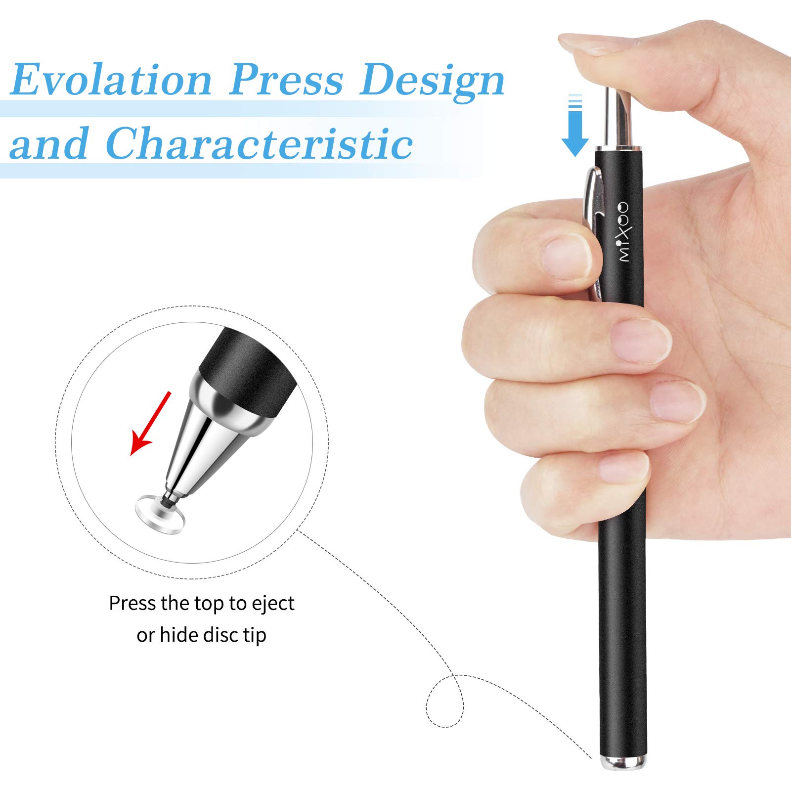 Mixoo Retractable Stylus for Touch Screens - High Sensitivity Universal Stylus Touch Screen Pen with 3 Replaceable Disc Tips for iPad iPhone and All Other Capacitive Tablets & Cell Phones (Black)