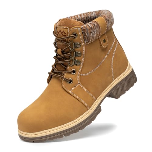 COTTIMO Winter Snow Hiking Boot for Women - Casual Brown Combat Non-slip Work Ankle Boot Clearance Backpacking Boots Leather Waterproof Hiking Shoes Wedge Platform Heel Booties LMW18-CAMEL-10
