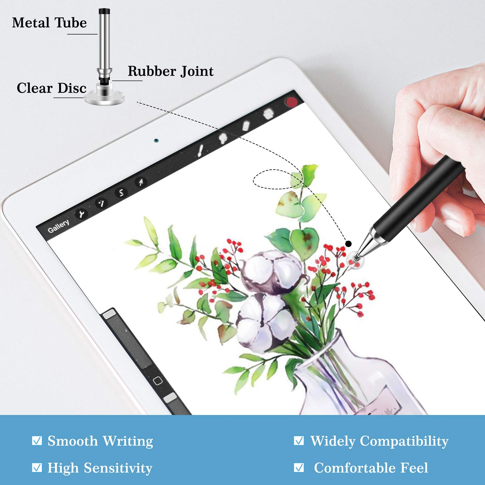Mixoo Retractable Stylus for Touch Screens - High Sensitivity Universal Stylus Touch Screen Pen with 3 Replaceable Disc Tips for iPad iPhone and All Other Capacitive Tablets & Cell Phones (Black)