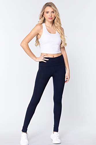 Khanomak Women's Waist Banded| Fold Over Waist & Fitted Long True Navy Yoga Pants Large