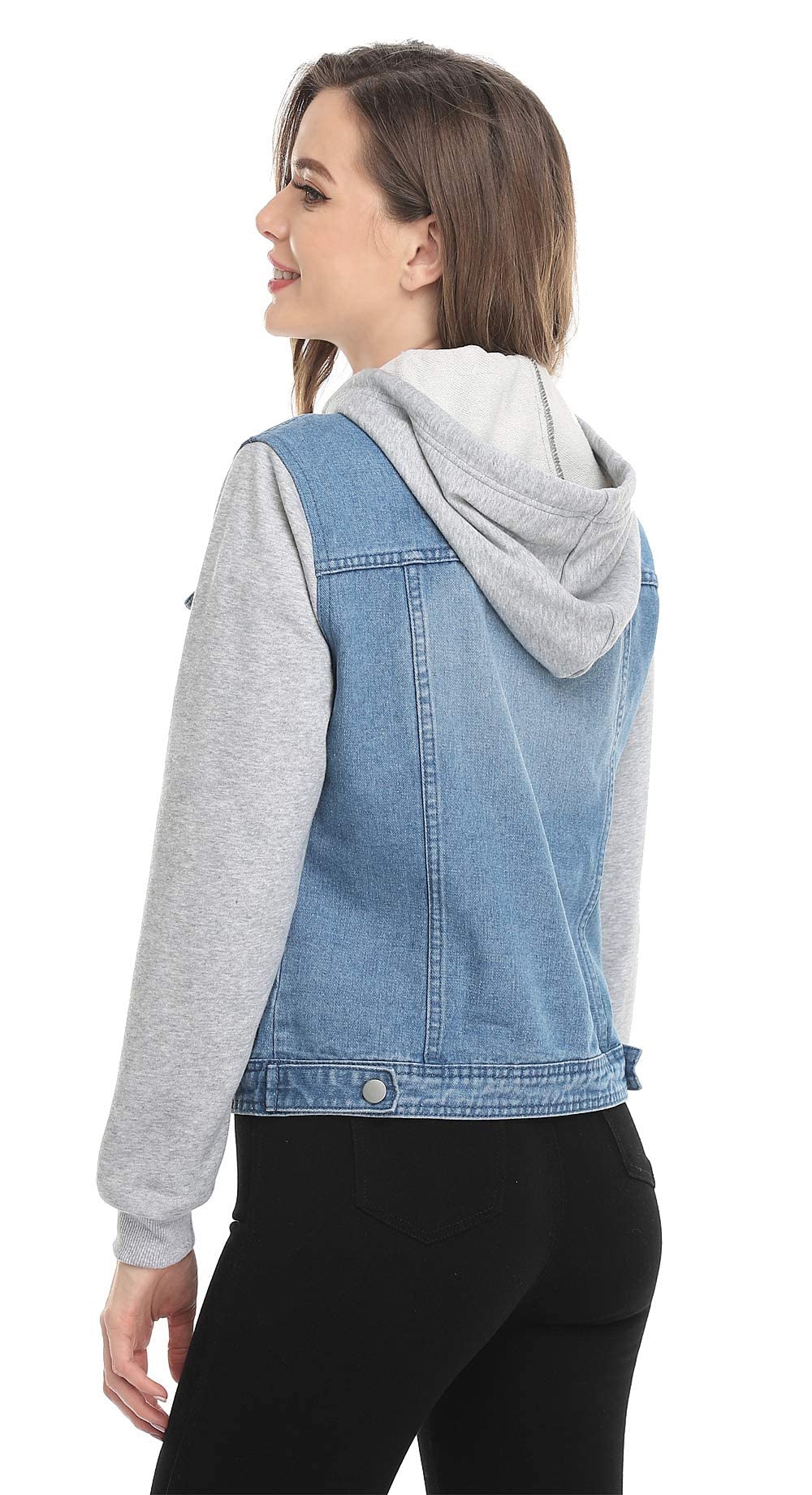 MISS MOLY Women's Casual Hoodie Denim Jacket Jean Jackets Coats W Pockets Light Blue M