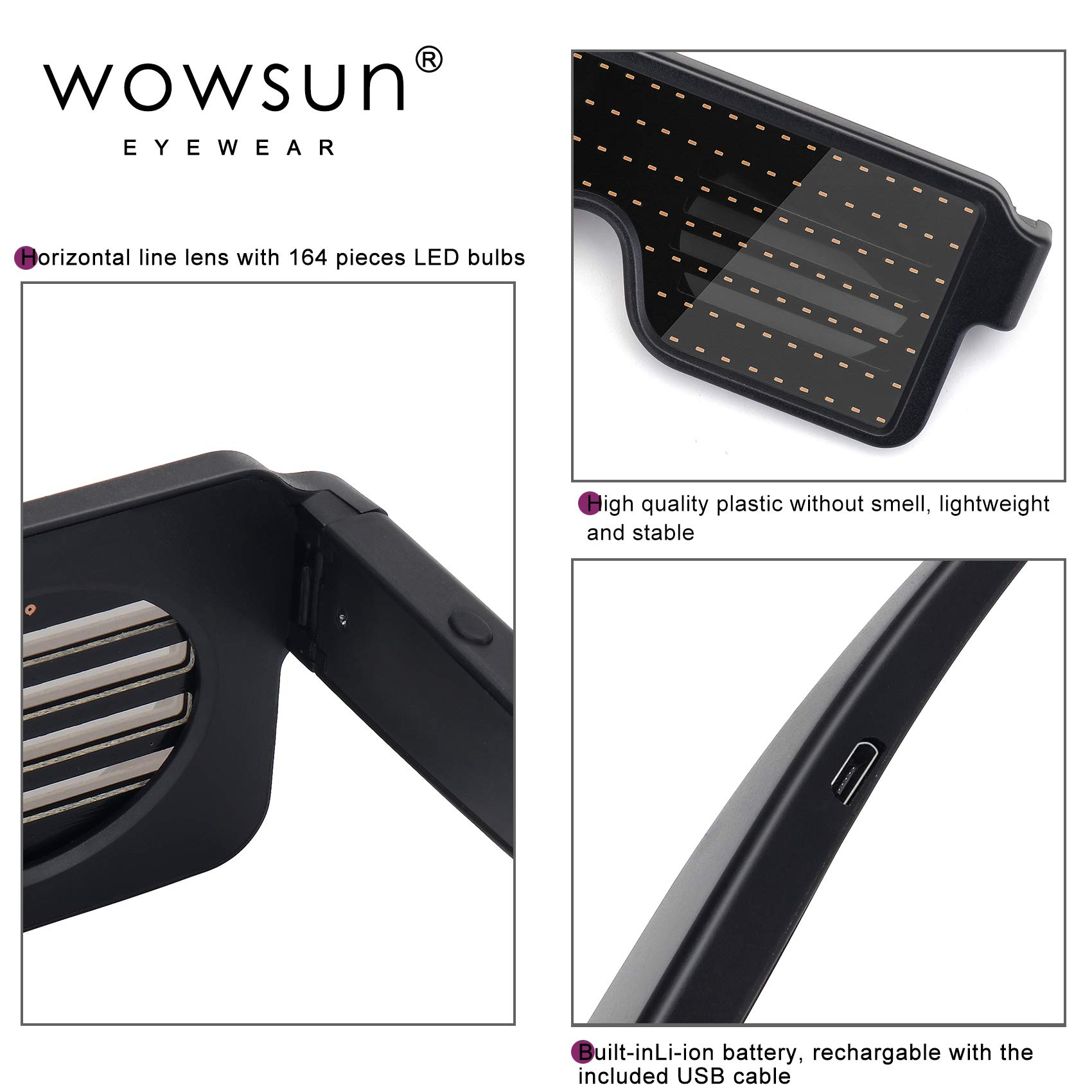 WOWSUN LED Glasses Light Up Dynamic Party Favor Glasses Festival Christmas USB Rechargeable LED Rave Glowing Flashing Glasses
