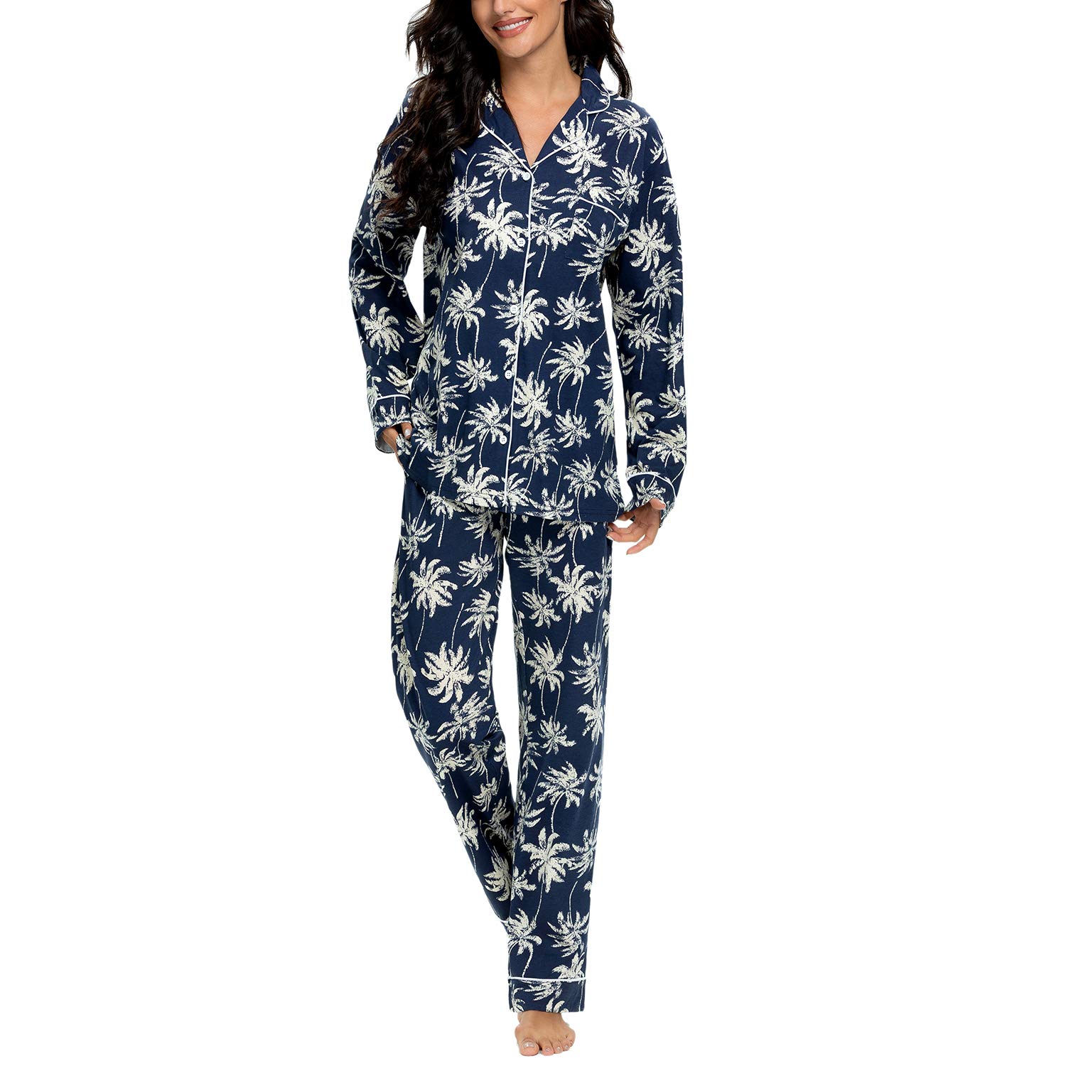Tugege Pajamas Set Long Sleeve Sleepwear Women Button Down Nightwear Pj Lounge Sets (Deep Blue Coconut, Large)