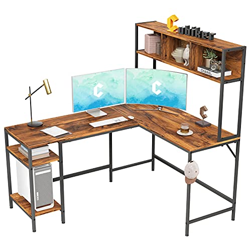 Cubiker L-Shaped Desk with Hutch, 60" Corner Computer Desk, Home Office Gaming Table with Storage Shelves, Space-Saving, Dark Rustic
