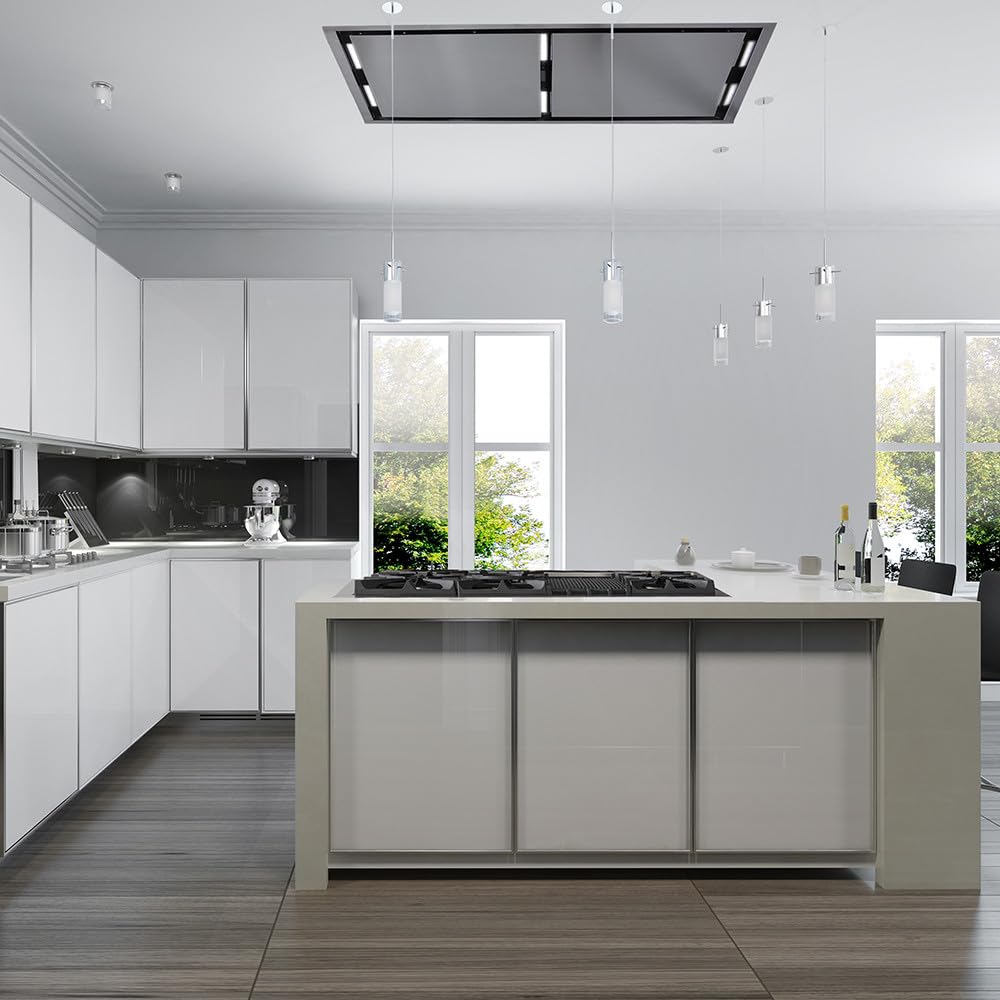 FORNO Arezzo 44” Inch. Built-in Ceiling Range Hood Stainless Steel 1200 CFM Double Motor Fan Perimetric Heat, Recess in Soffit Range Hood Steam Capture with Remote Control