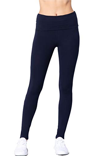 Khanomak Women's Waist Banded| Fold Over Waist & Fitted Long True Navy Yoga Pants Large