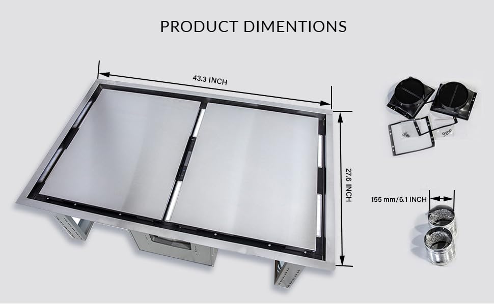 FORNO Arezzo 44” Inch. Built-in Ceiling Range Hood Stainless Steel 1200 CFM Double Motor Fan Perimetric Heat, Recess in Soffit Range Hood Steam Capture with Remote Control