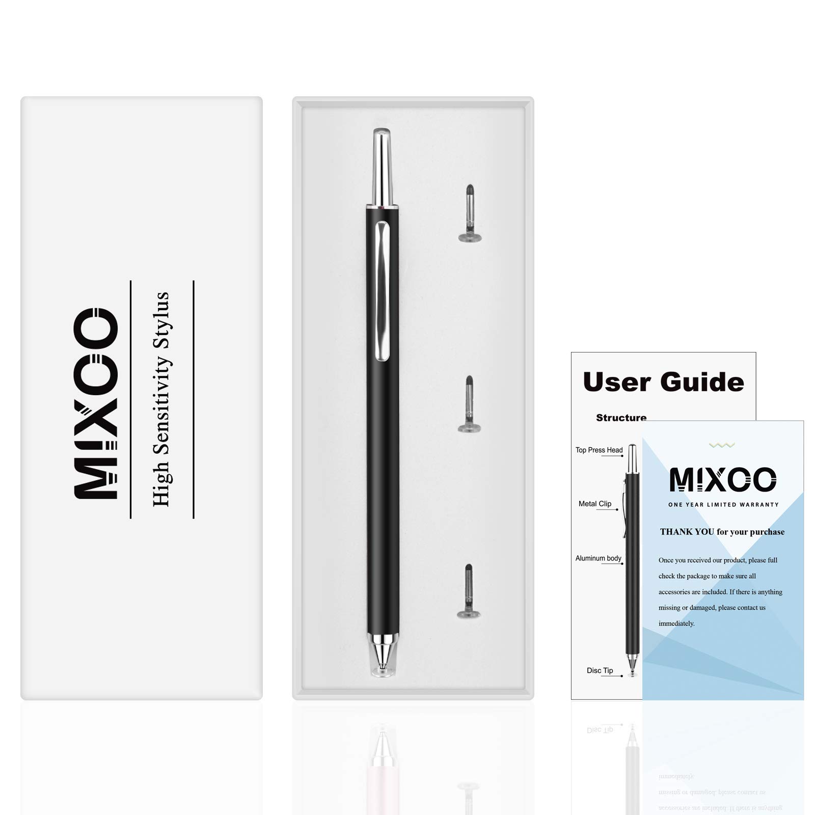 Mixoo Retractable Stylus for Touch Screens - High Sensitivity Universal Stylus Touch Screen Pen with 3 Replaceable Disc Tips for iPad iPhone and All Other Capacitive Tablets & Cell Phones (Black)