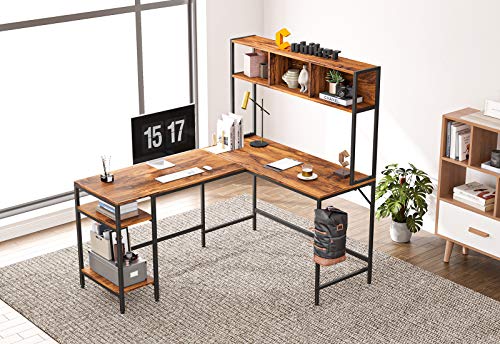 Cubiker L-Shaped Desk with Hutch, 60" Corner Computer Desk, Home Office Gaming Table with Storage Shelves, Space-Saving, Dark Rustic