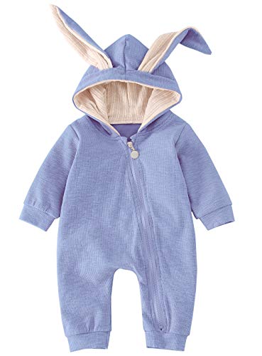 AGQT Baby Boys Bunny Costume Easter Halloween Animal Costume One Piece Romper Bunny Ear Costumes 3D Rabbit Ear Hoodie Outfit Light Blue Size 18-24 Months