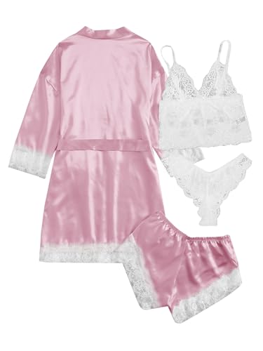 WDIRARA Women' Silk Satin Pajamas Set 4pcs Lingerie Floral Lace Cami Sleepwear with Robe Pink and White S