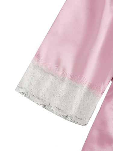 WDIRARA Women' Silk Satin Pajamas Set 4pcs Lingerie Floral Lace Cami Sleepwear with Robe Pink and White S