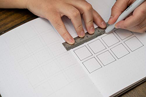 A5 bullet dotted journal dot grid notebook 180 pages 3 x page markers 120 GSM extra-thick paper stainless steel ruler page numbers pen holder in spine 4 dedicated index pages 8 perforated pages