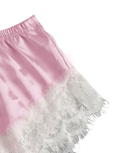 WDIRARA Women' Silk Satin Pajamas Set 4pcs Lingerie Floral Lace Cami Sleepwear with Robe Pink and White S