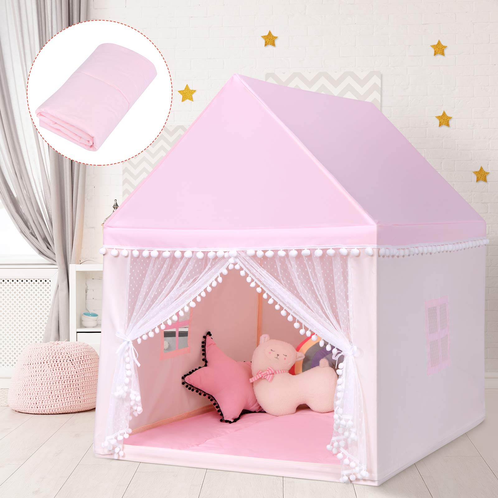 Costzon Kids Play Tent, Large Playhouse w/Washable Mat, Windows, Solid Wood Frame, Indoor Outdoor Princess Tent for Children Boys & Girls, Castle Fairy Tent, Holiday Birthday Gift (Pink)