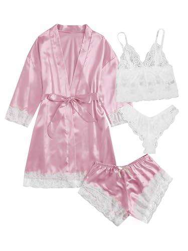 WDIRARA Women' Silk Satin Pajamas Set 4pcs Lingerie Floral Lace Cami Sleepwear with Robe Pink and White S
