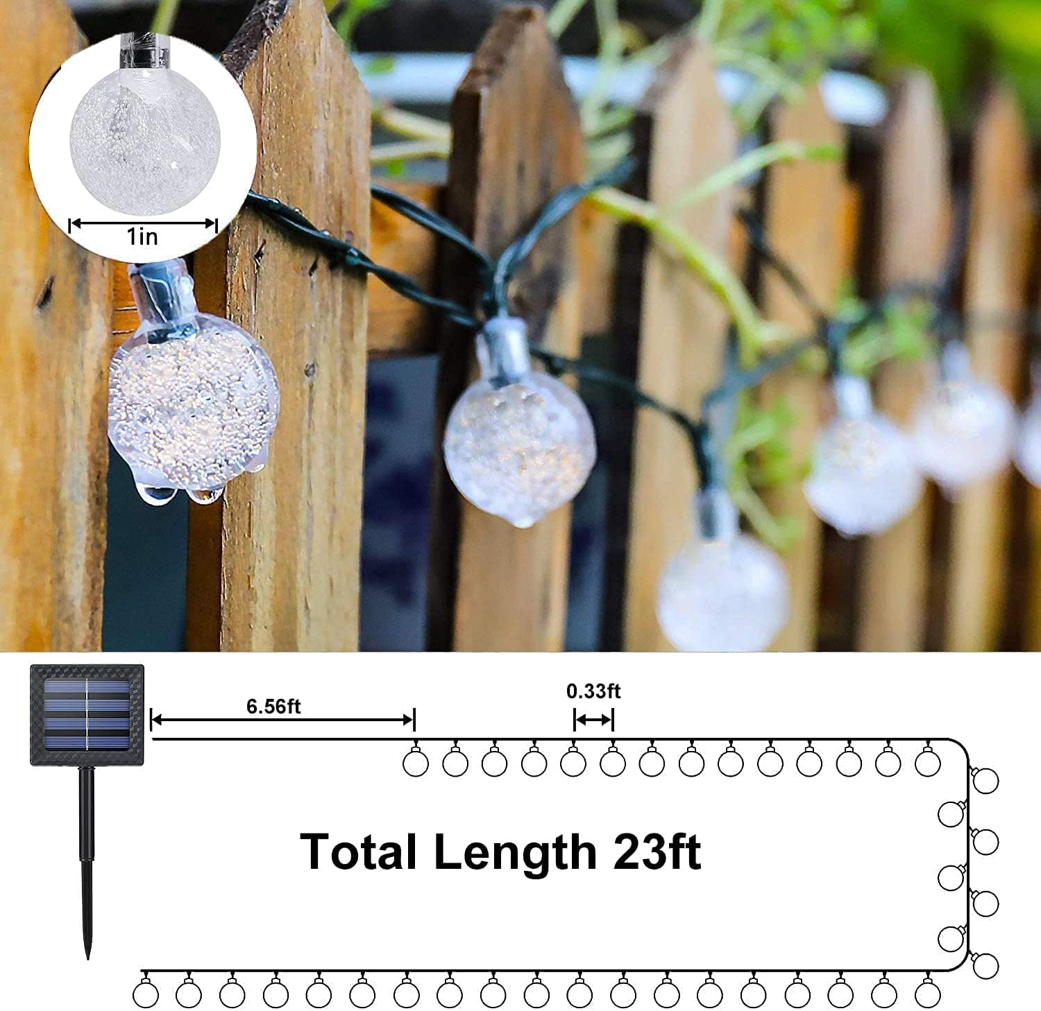 Oreunik 30 LED Crystal Ball Outdoor Solar Powered String Lights, 8 Modes, 24 Ft, Warm White, Waterproof, Patio/Garden/Yard/Outside