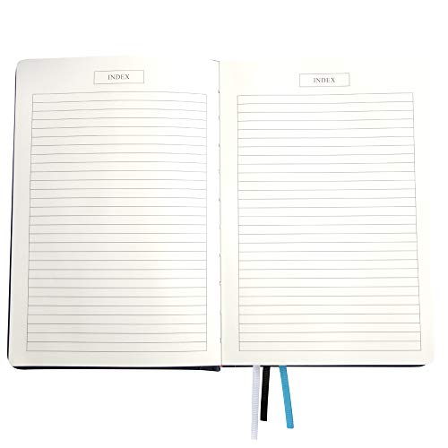 A5 bullet dotted journal dot grid notebook 180 pages 3 x page markers 120 GSM extra-thick paper stainless steel ruler page numbers pen holder in spine 4 dedicated index pages 8 perforated pages
