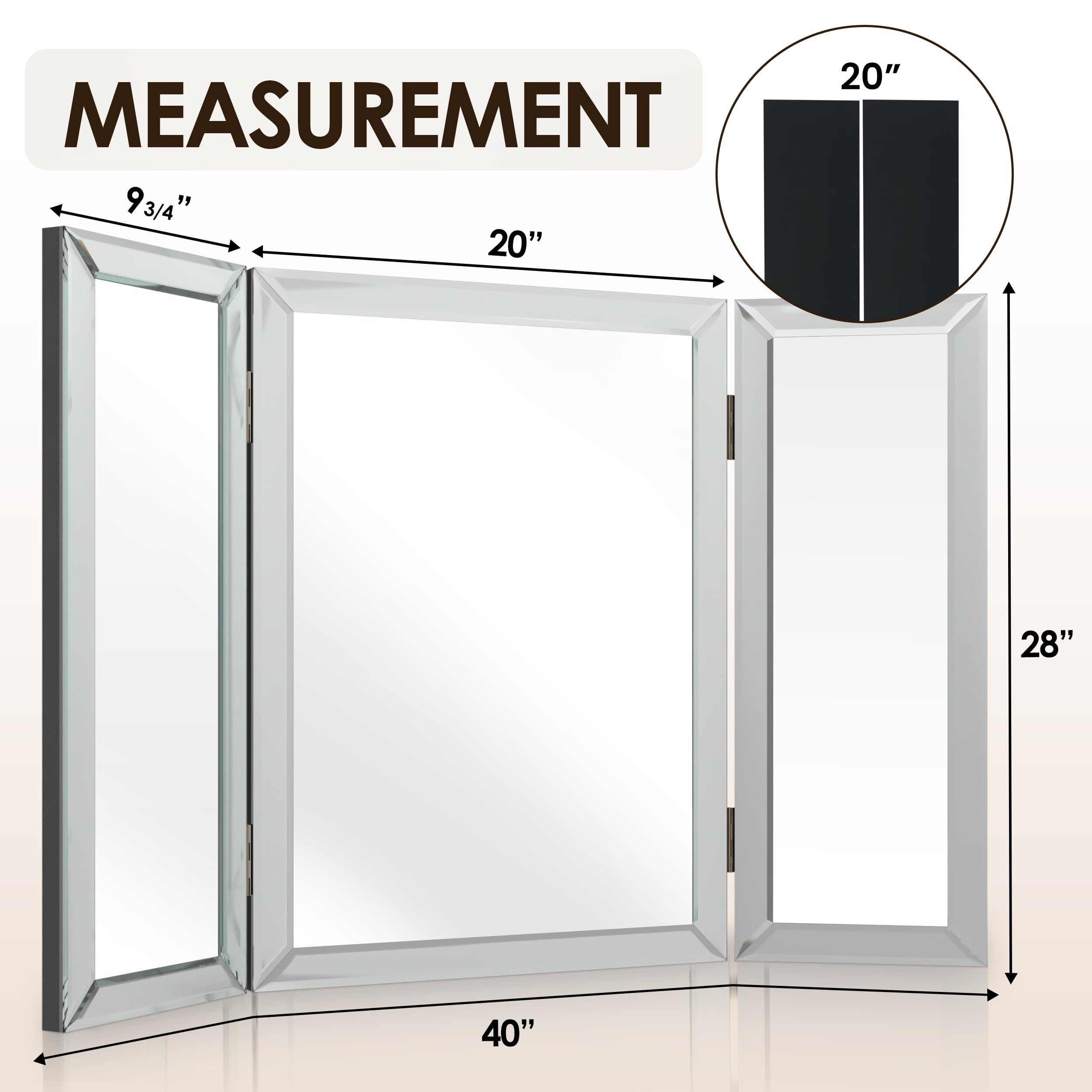 3 Way Mirror, Trifold Mirror, Trifold Vanity Mirrors, Three Way Folding, Tri Fold, For Braiding Hair, 3way, 3 Sided, Three Panel, Triple, Tabletop, Bathroom, Bedroom, Makeup, 360, 28 x 40 Inch