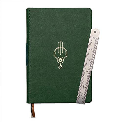 A5 bullet dotted journal dot grid notebook 180 pages 3 x page markers 120 GSM extra-thick paper stainless steel ruler page numbers pen holder in spine 4 dedicated index pages 8 perforated pages