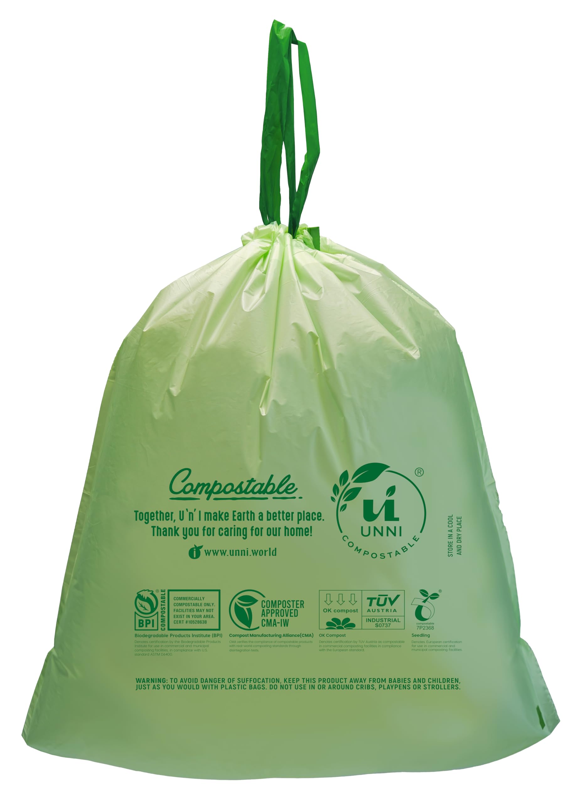 UNNI Compostable Drawstring Bags, 2.6-3.2 Gallon, 10-12 Liter, 60 Count, Heavy Duty 1 Mil, Small Food Scrap Waste Bags with Drawstring Handle, ASTM D6400, US BPI, CMA & Europe OK Compost Certified