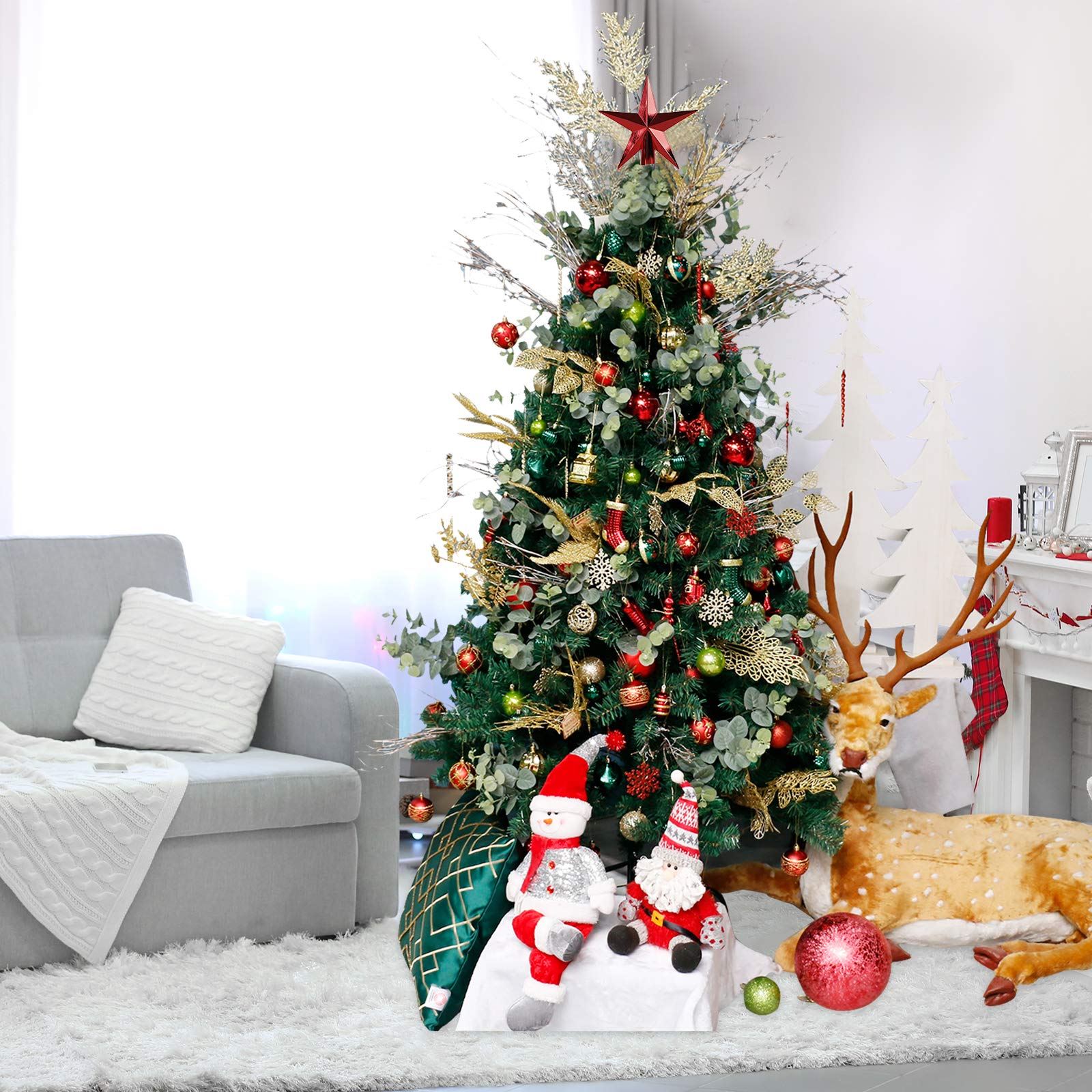 Christmas Tree Ornament, 132pcs Christmas Tree Decoration Set Red Green Gold Christmas Ball Shatterproof Hanging Tree Ornament Assortment Set