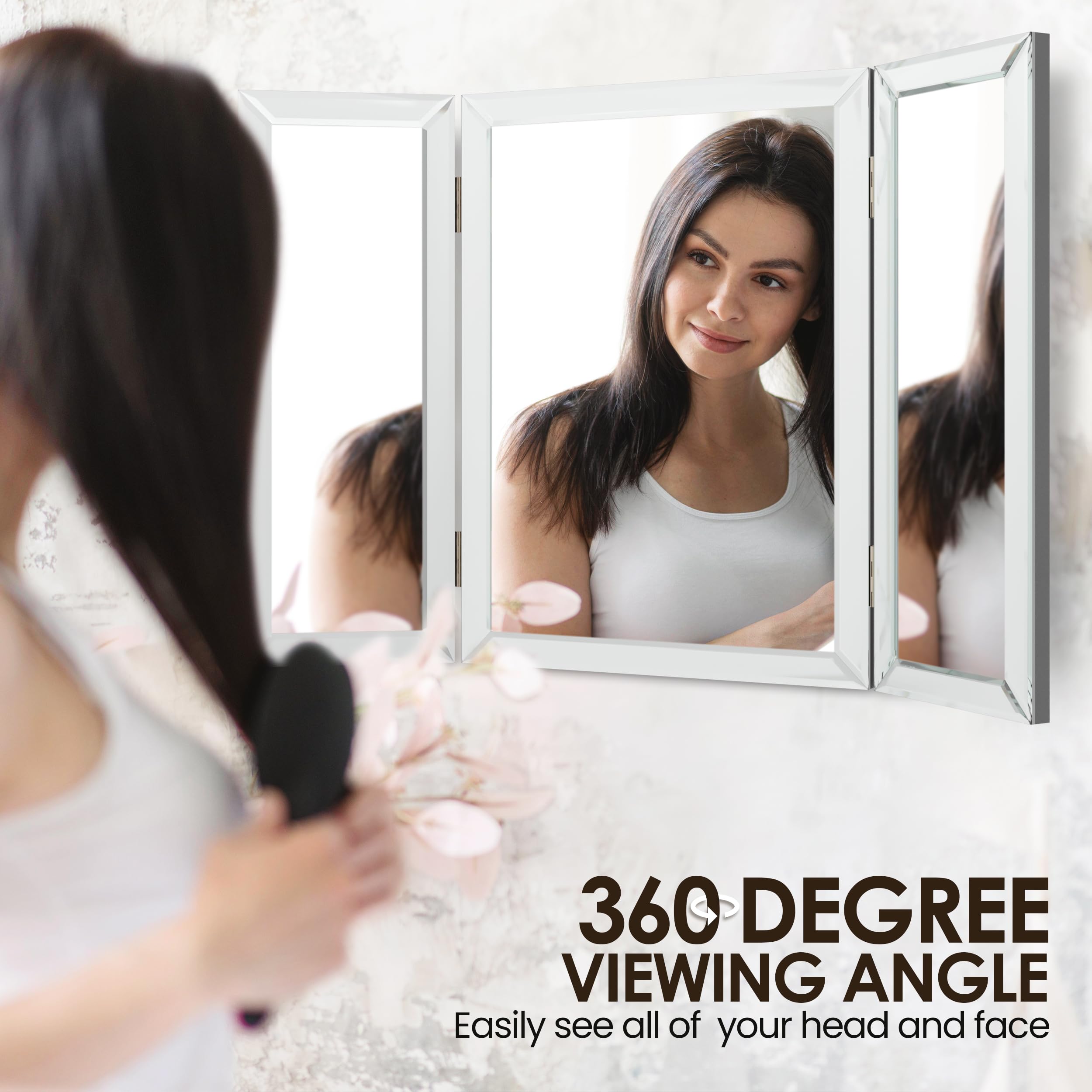 3 Way Mirror, Trifold Mirror, Trifold Vanity Mirrors, Three Way Folding, Tri Fold, For Braiding Hair, 3way, 3 Sided, Three Panel, Triple, Tabletop, Bathroom, Bedroom, Makeup, 360, 28 x 40 Inch