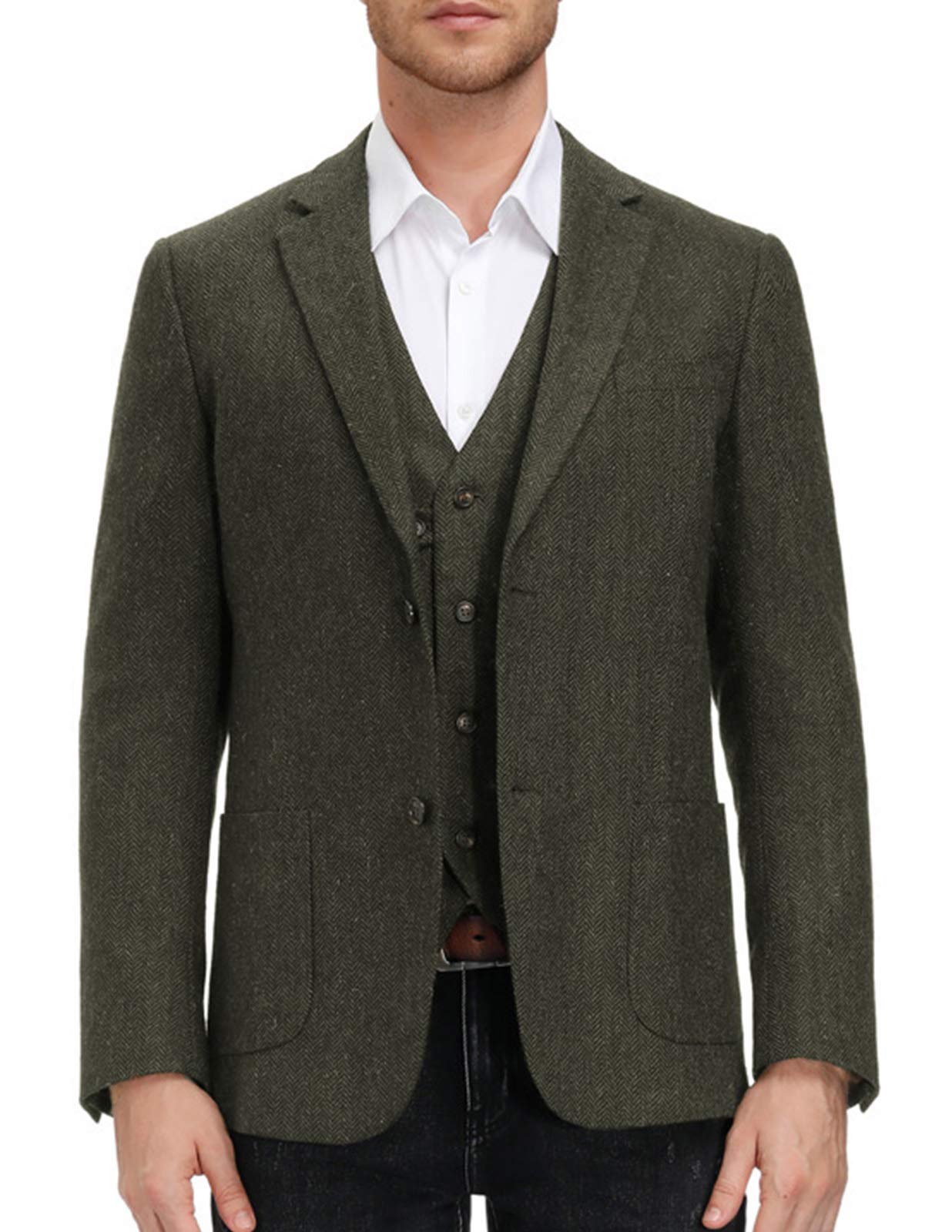 Men's Irish Wool Blend Blazer Notch Lapel Herringbone Tweed Sport Coat Army Green L