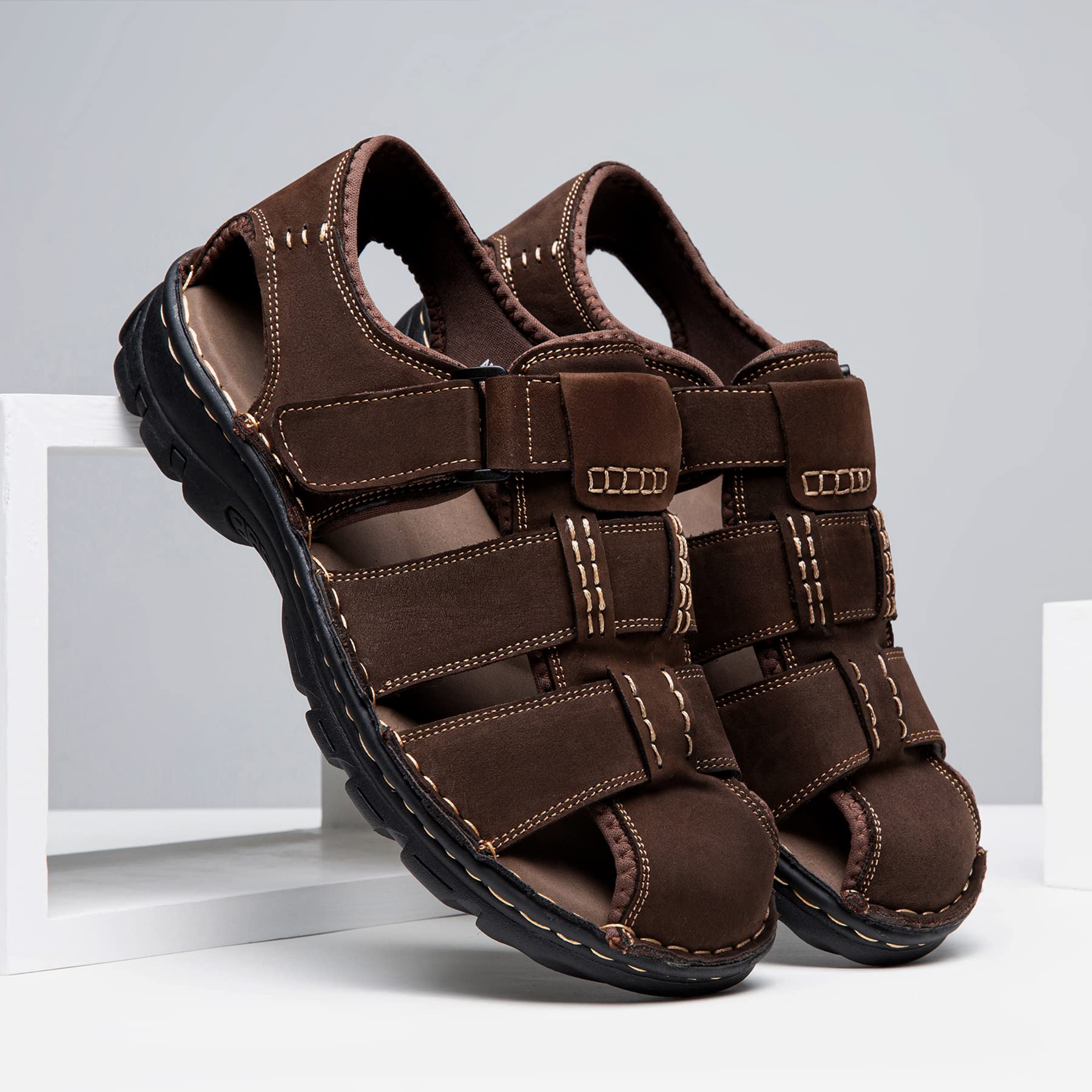 Jousen Men's Arch Support Sandals Leather Fisherman Sandals for Men Closed Toe Outdoor(AMY2012 Dark Brown 10)