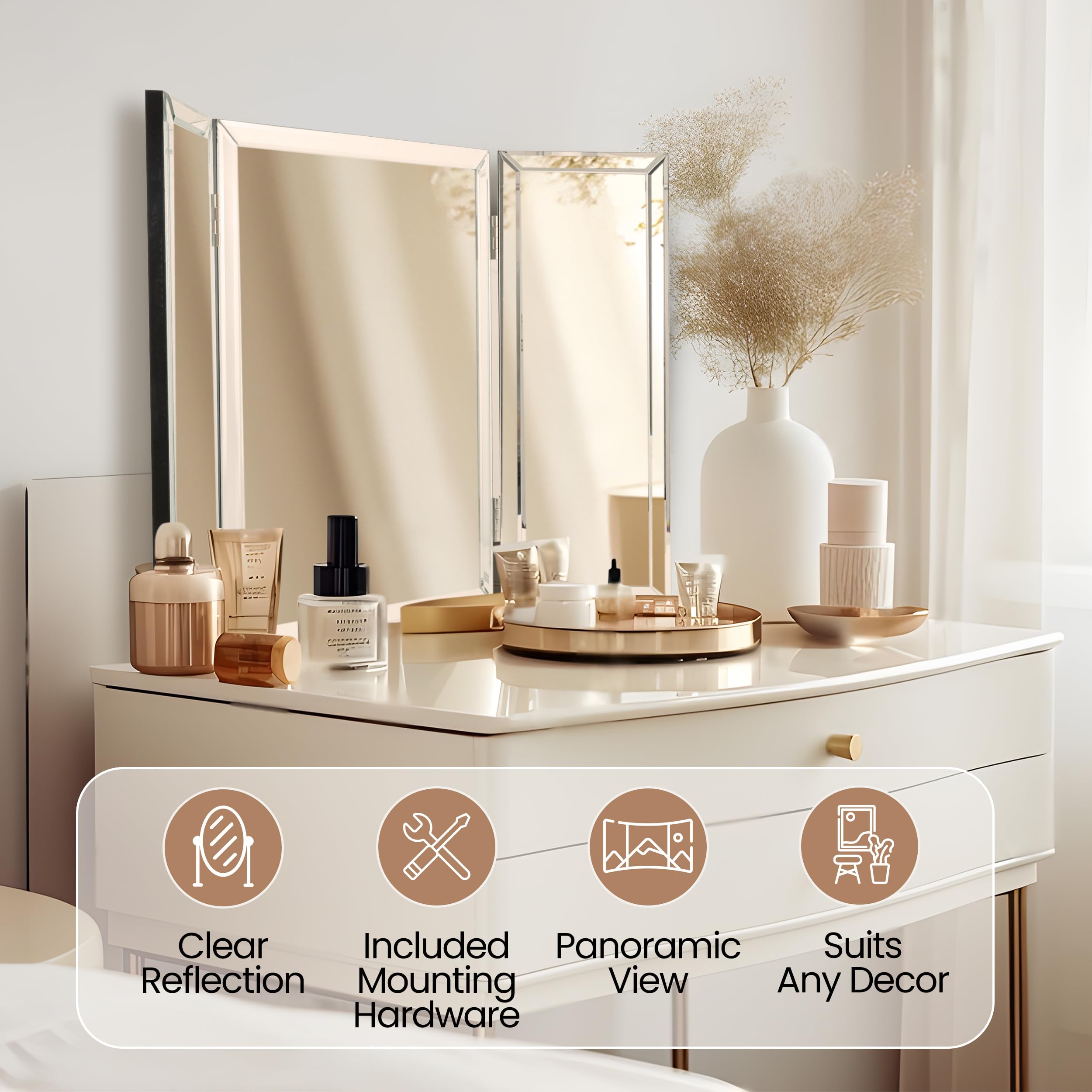 3 Way Mirror, Trifold Mirror, Trifold Vanity Mirrors, Three Way Folding, Tri Fold, For Braiding Hair, 3way, 3 Sided, Three Panel, Triple, Tabletop, Bathroom, Bedroom, Makeup, 360, 28 x 40 Inch
