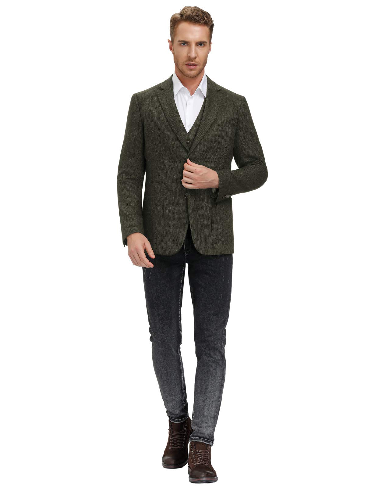 Men's Irish Wool Blend Blazer Notch Lapel Herringbone Tweed Sport Coat Army Green L