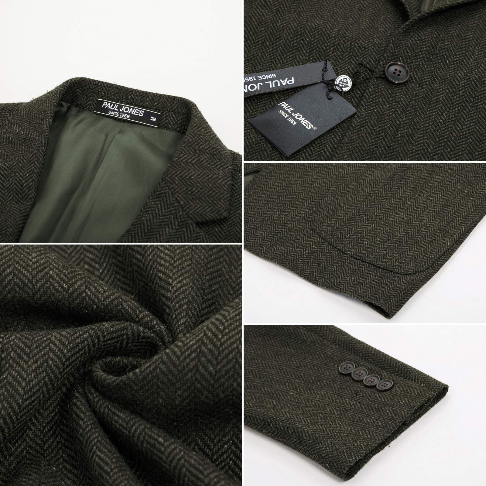 Men's Irish Wool Blend Blazer Notch Lapel Herringbone Tweed Sport Coat Army Green L