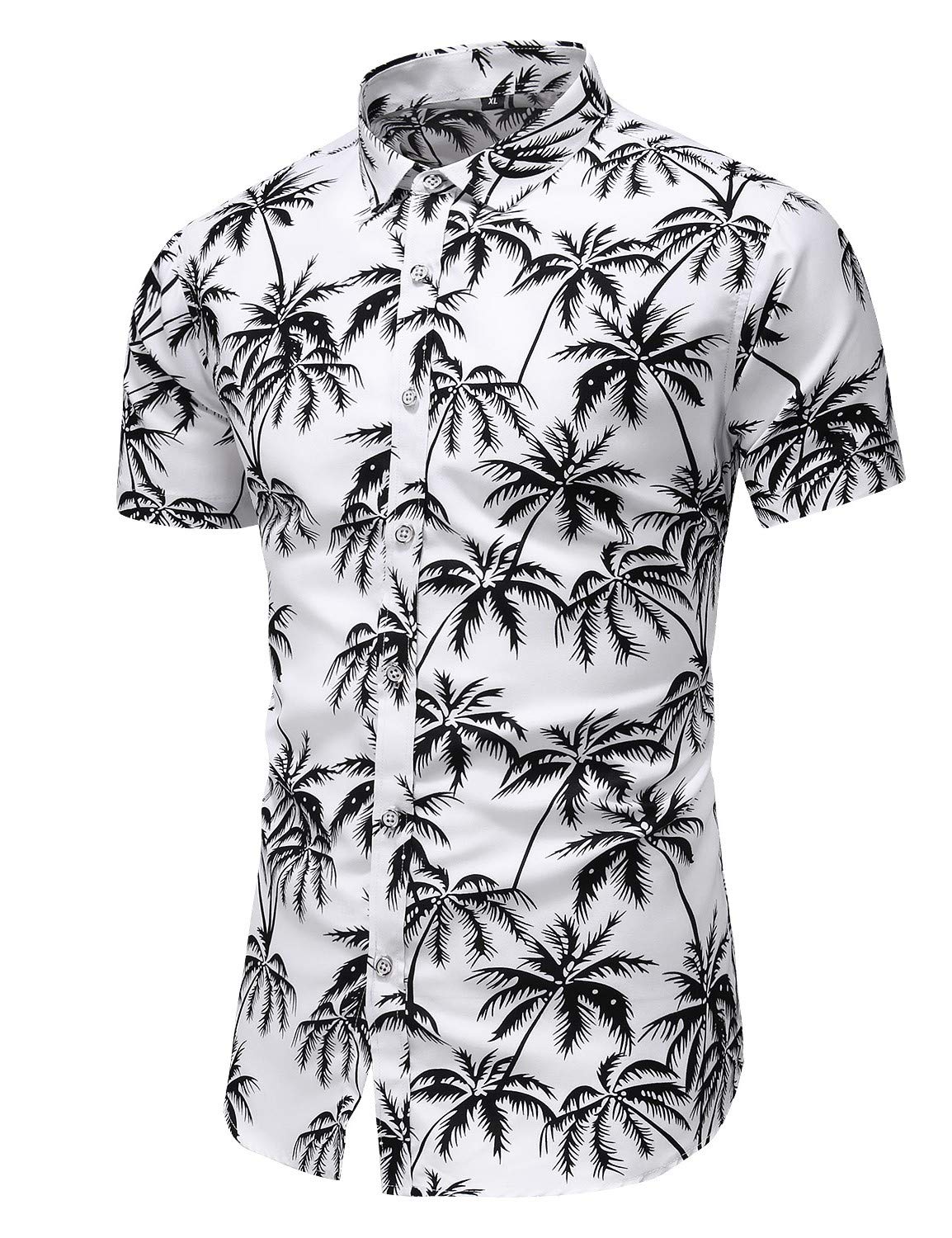 LEFTGU Men's Printed Beach Hawaiian Button-Down Slim fit Dress Shirt (White 9019, Medium)