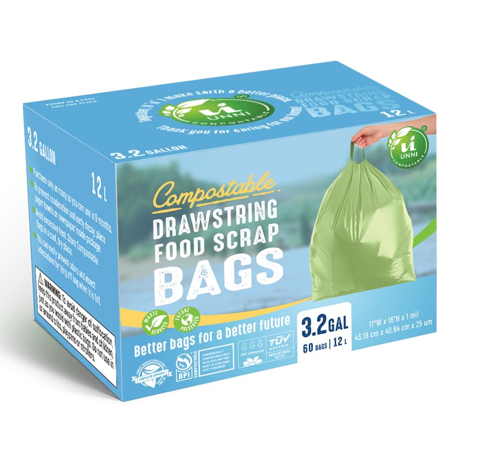 UNNI Compostable Drawstring Bags, 2.6-3.2 Gallon, 10-12 Liter, 60 Count, Heavy Duty 1 Mil, Small Food Scrap Waste Bags with Drawstring Handle, ASTM D6400, US BPI, CMA & Europe OK Compost Certified