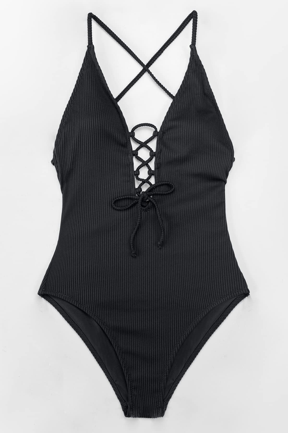 CUPSHE Women's One Piece Swimsuit Backless Tie V Neck Bathing Suit, S Black