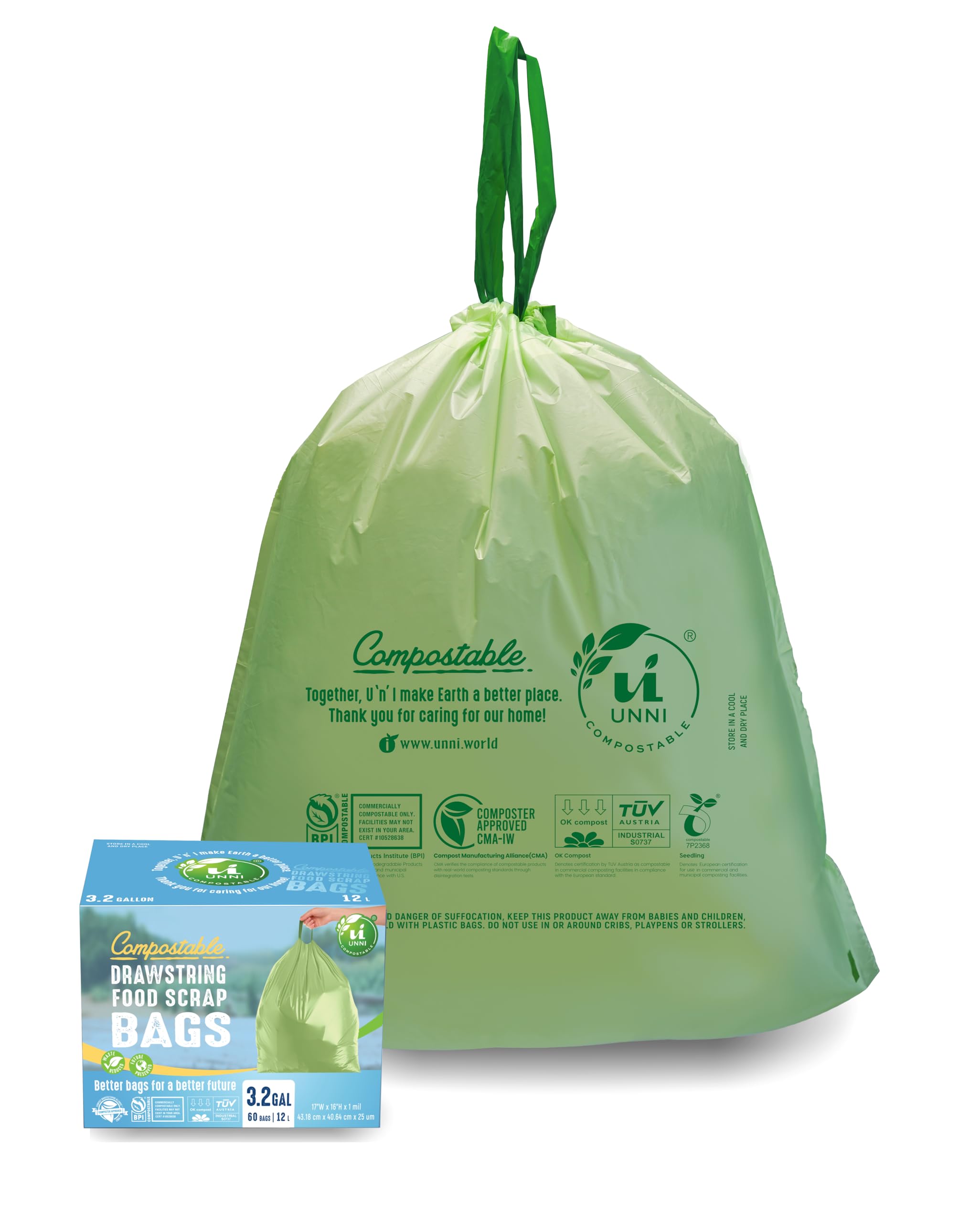 UNNI Compostable Drawstring Bags, 2.6-3.2 Gallon, 10-12 Liter, 60 Count, Heavy Duty 1 Mil, Small Food Scrap Waste Bags with Drawstring Handle, ASTM D6400, US BPI, CMA & Europe OK Compost Certified