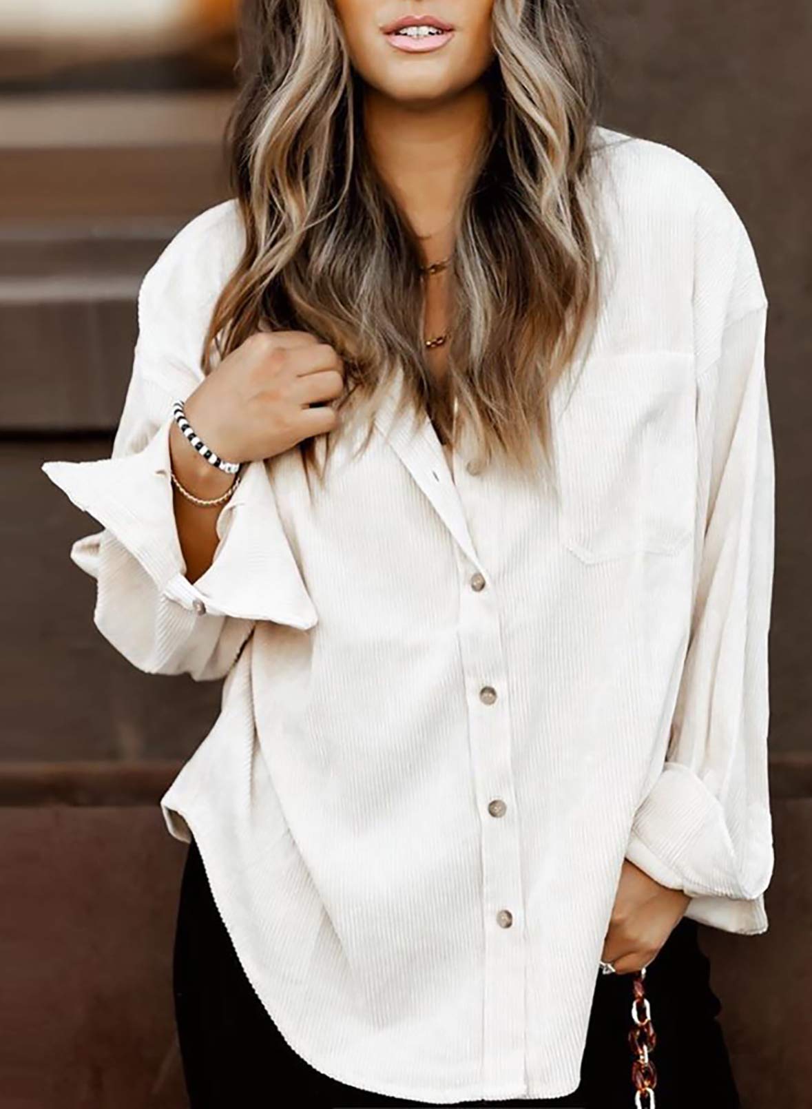 Astylish Womens Corduroy Shirts Button Down V Neck Long Sleeve Blouse Casual Roll Up Cuffed Tops with Pockets Beige S