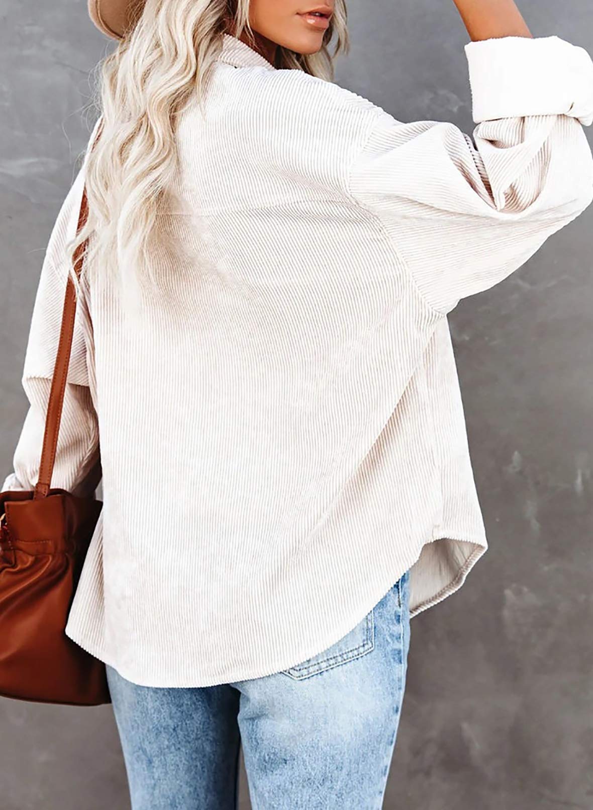 Astylish Womens Corduroy Shirts Button Down V Neck Long Sleeve Blouse Casual Roll Up Cuffed Tops with Pockets Beige S
