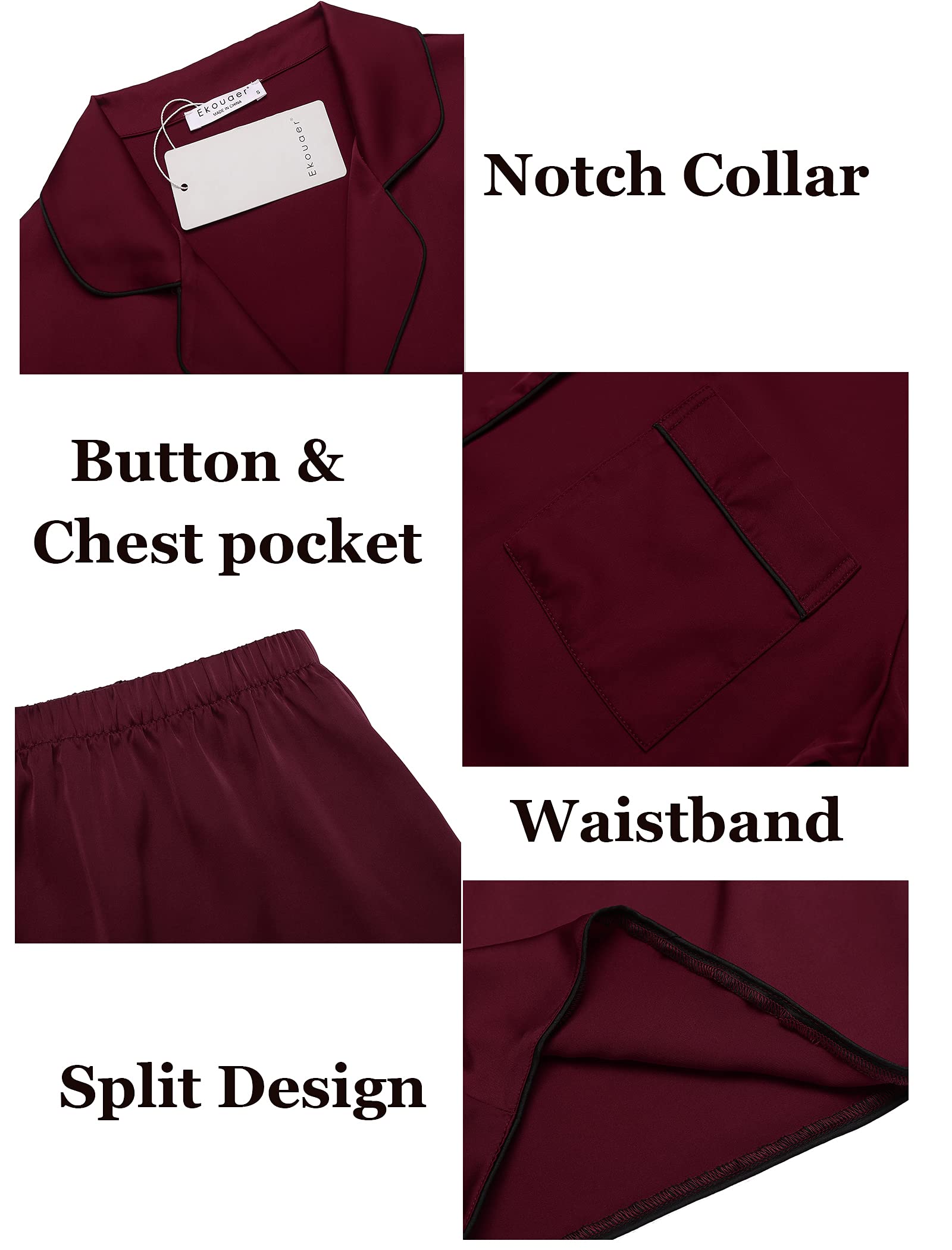 Ekouaer Women's Satin Pajamas Sleepwear Silky Shorts Set PJs Short Sleeve Summer Silk PJS (Wine Red,Small)