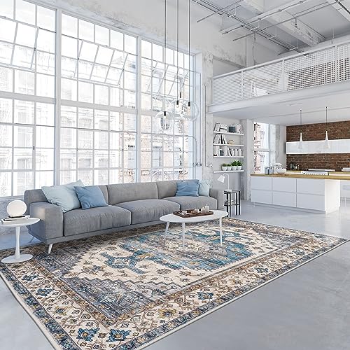DECOMALL FINEEN 8x10 Area Rugs, Boho Rug for Bedroom, Vintage Distressed Medallion Carpet for Living Room, Beige Blue Multi, 8'x10'