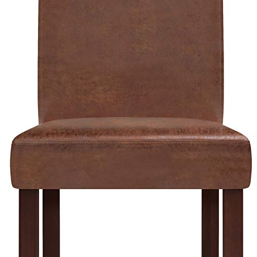 SIMPLIHOME Acadian Parson Dining Chair (Set of 2), Distressed Saddle Brown Faux Leather and SOLID WOOD, Square, Upholstered, For the Dining Room, Transitional Modern