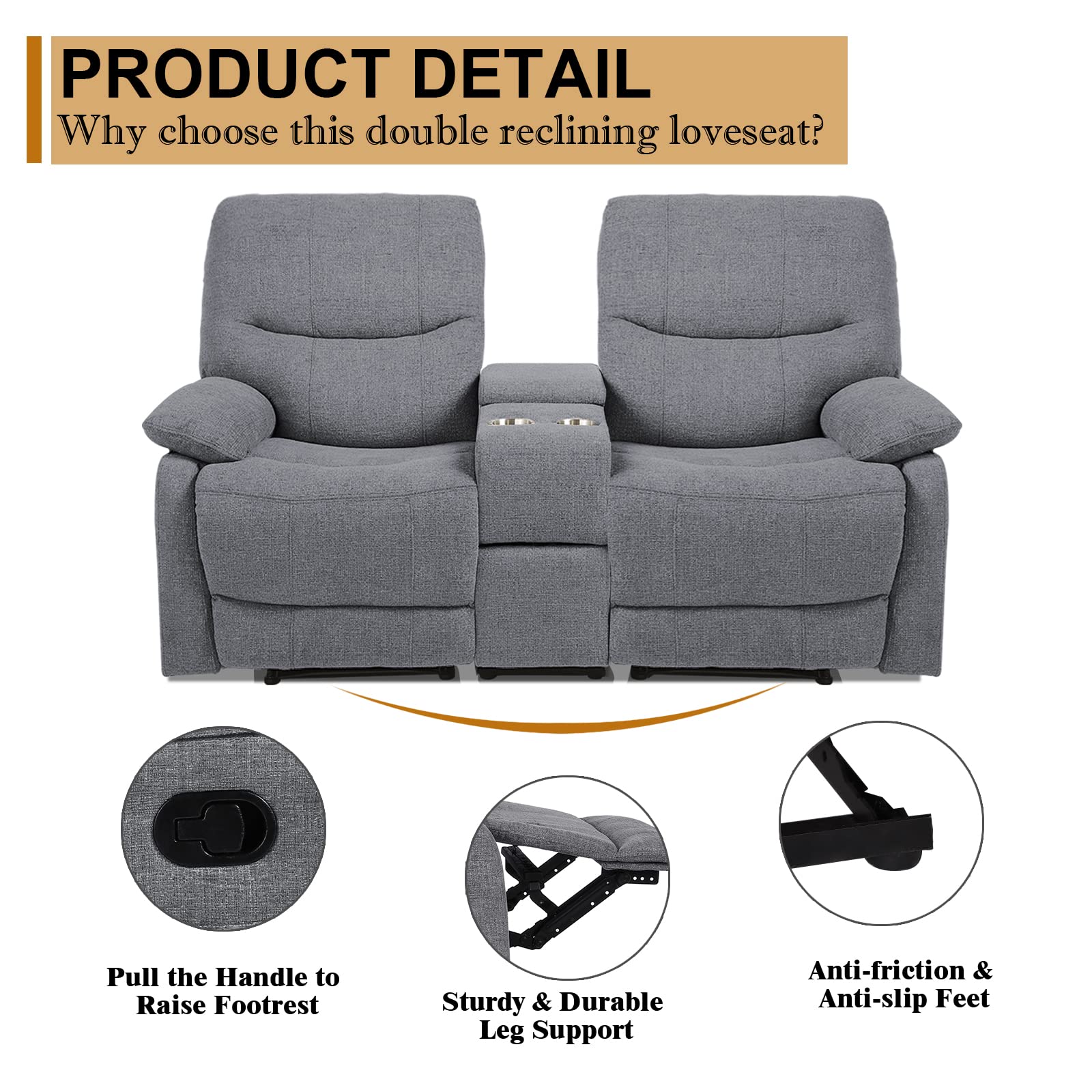 B BAIJIAWEI Double Reclining Loveseat - Fabric Home Theater Seating with Console - 2 Seater Manual Reclining Couch for Living Room, Office (Fabric- Light Grey)
