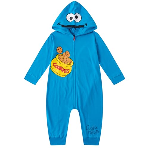 Sesame Street Boys’ Elmo or Cookie Monster Zip Up Long Sleeve Hooded Romper for Newborn, Infant and Toddler Kids