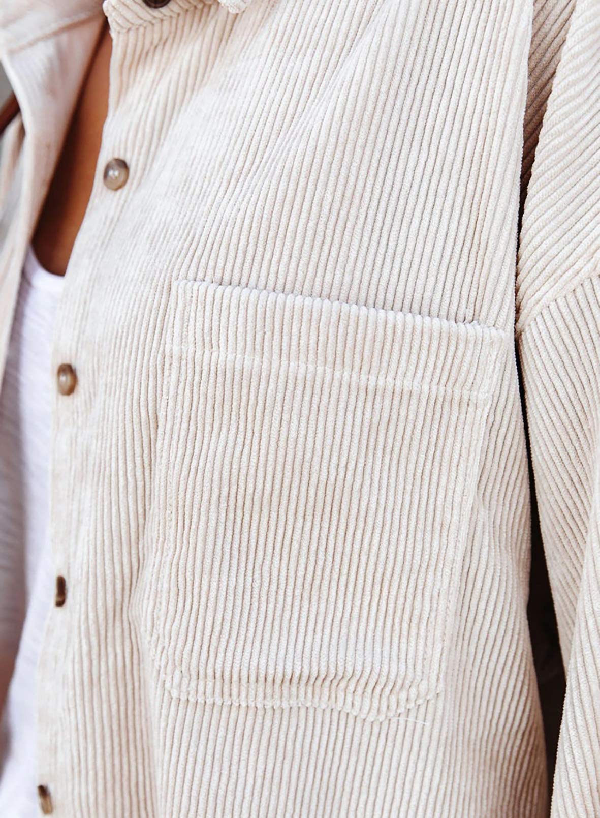Astylish Womens Corduroy Shirts Button Down V Neck Long Sleeve Blouse Casual Roll Up Cuffed Tops with Pockets Beige S