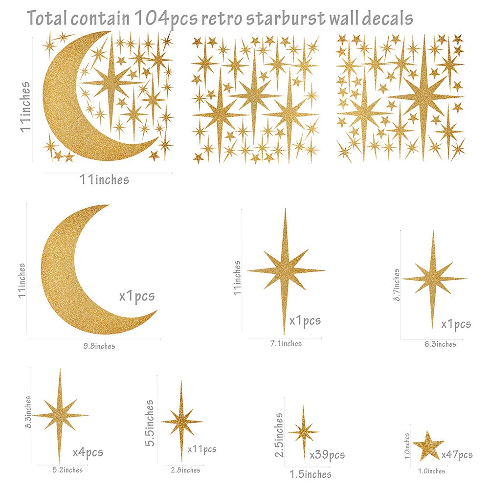 Easma Retro Starburst Wall Decals Star Wall Stickers Atomic Star Wall Decals Star Wall Decals Girls Room Wall Decals Peel and Stick Moon Wall Decals