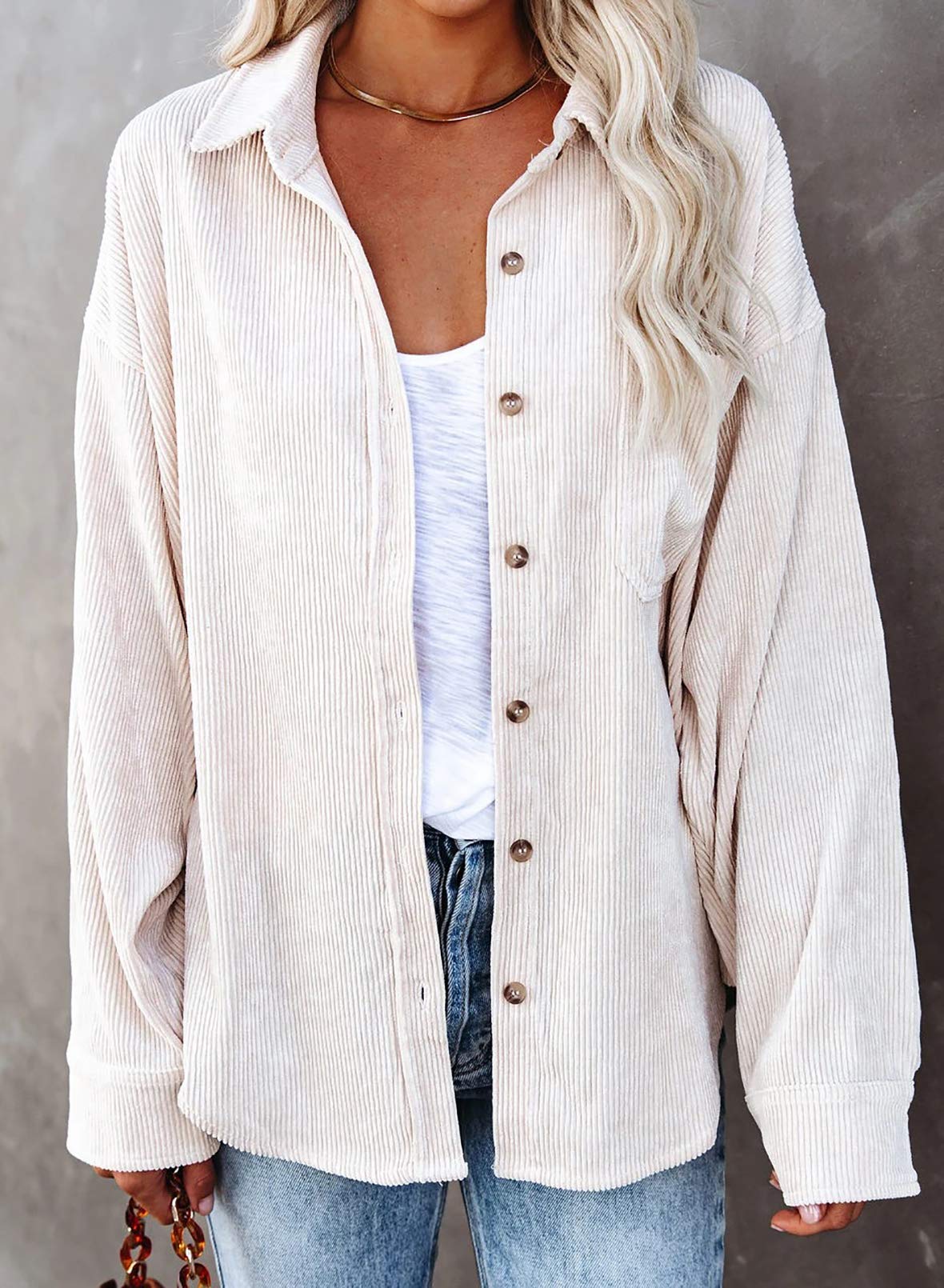 Astylish Womens Corduroy Shirts Button Down V Neck Long Sleeve Blouse Casual Roll Up Cuffed Tops with Pockets Beige S